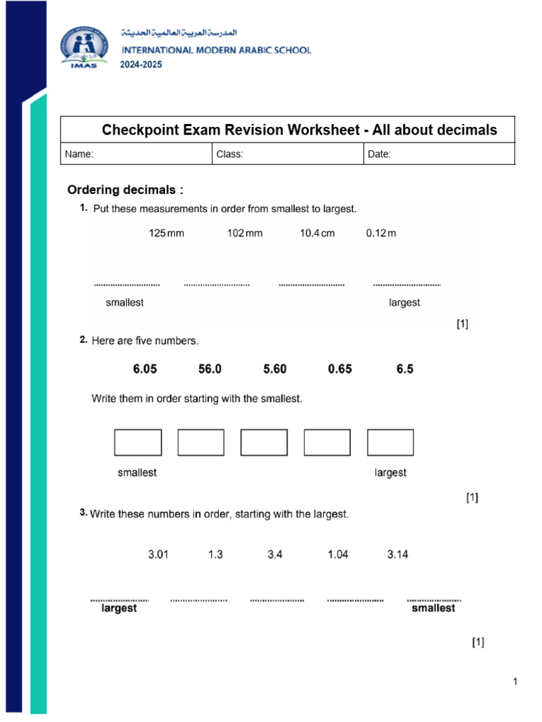 Checkpoint Exam Revision Worksheet (All About Decimals) | PDF