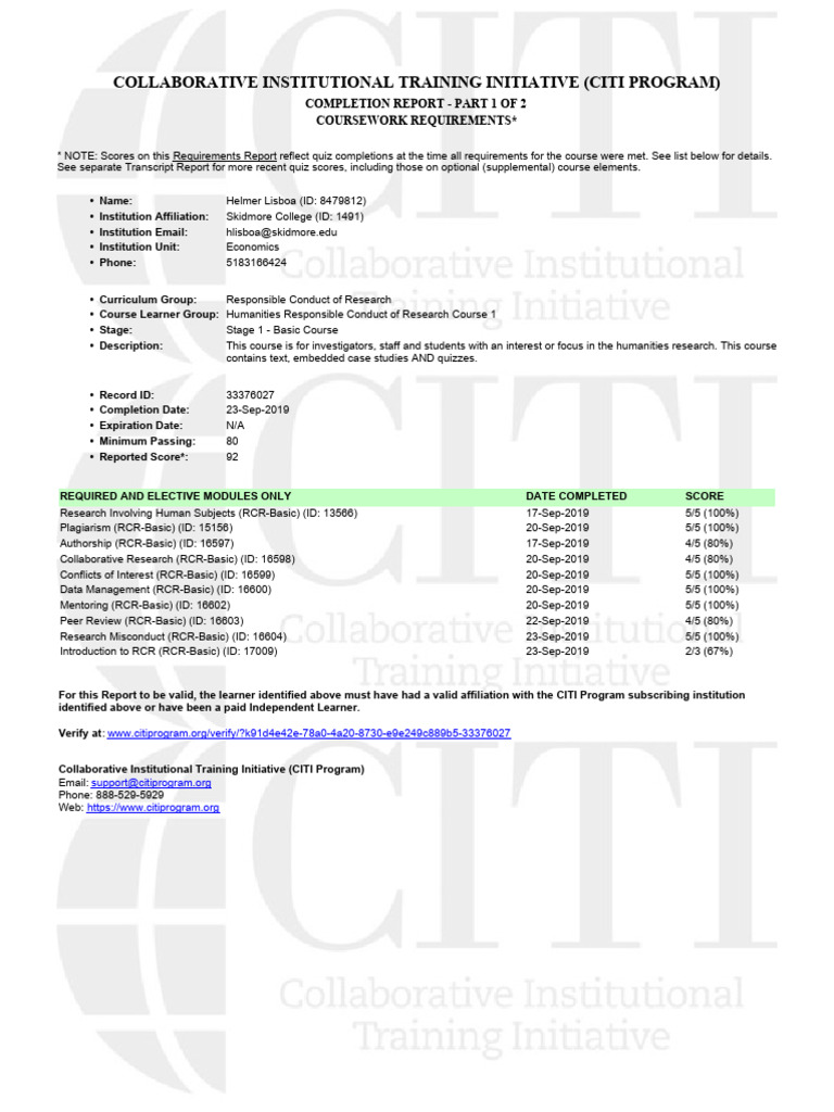 Citi Completion Report 8479812 | PDF