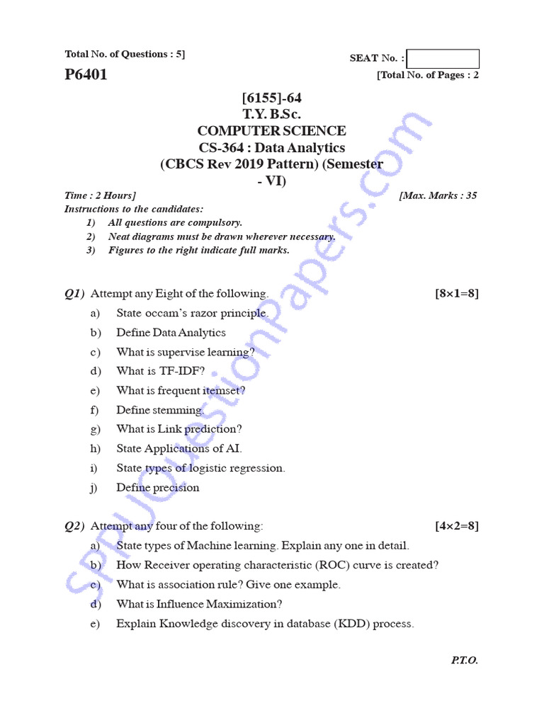 BSC Computer Science Cs Semester 6 2023 November Data Analytics 2019 Pattern | PDF | Analytics ...