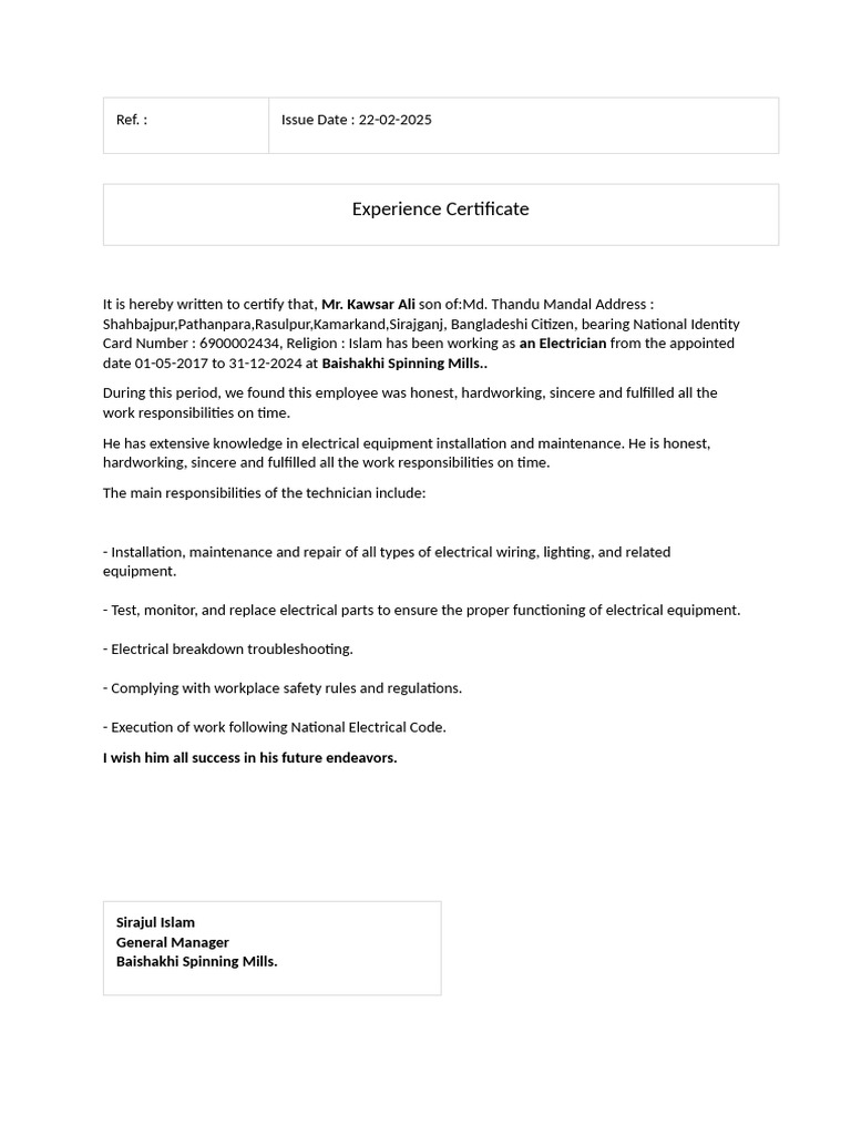 Experience Certificate: Mr. Kawsar Ali An Electrician Baishakhi Spinning Mills. | PDF