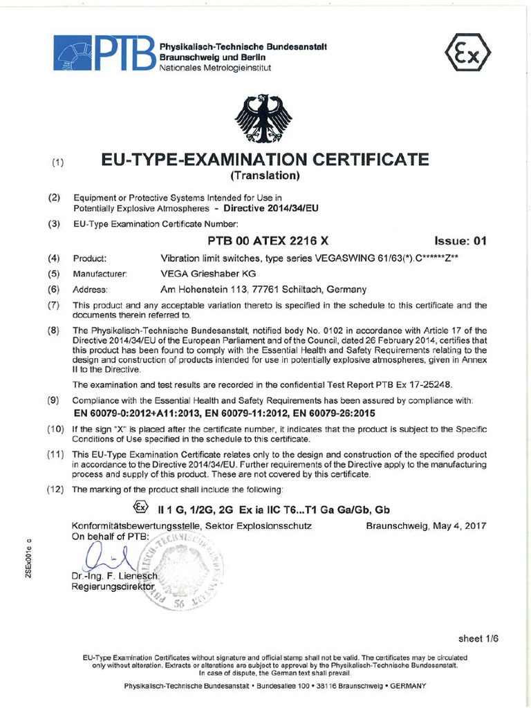 EN EU Type Approval Certificate PTB 00 ATEX 2216 X (To 50662) | PDF