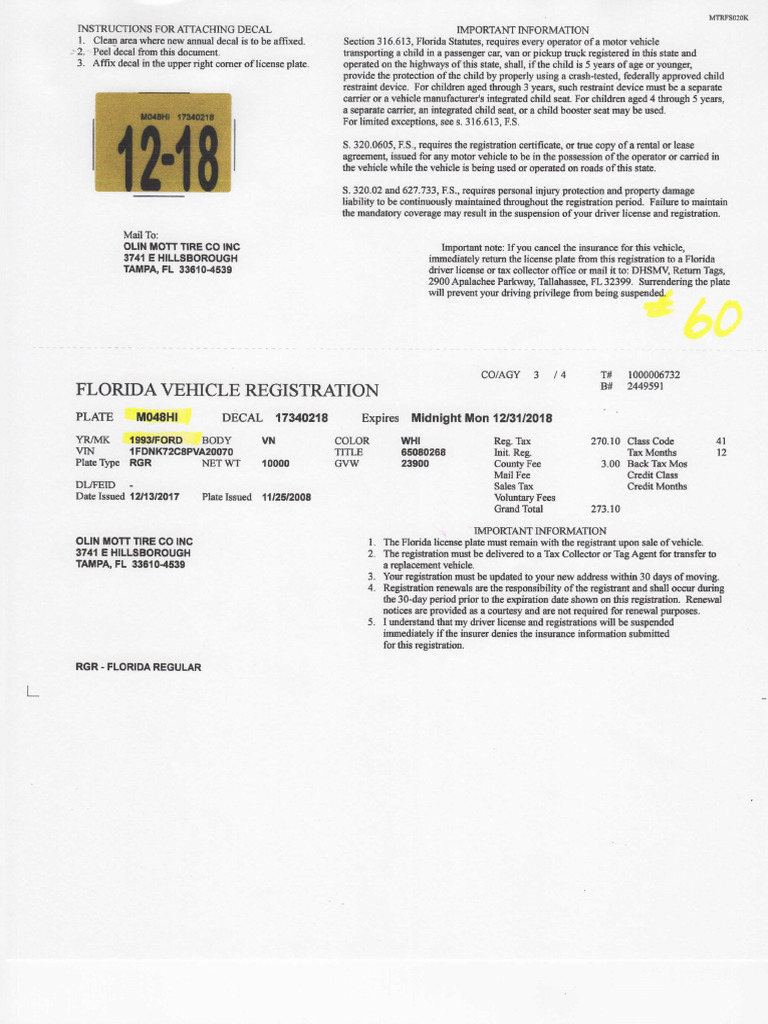 Florida Vehicle Registration | PDF | Vehicle Registration Plate | Motor ...