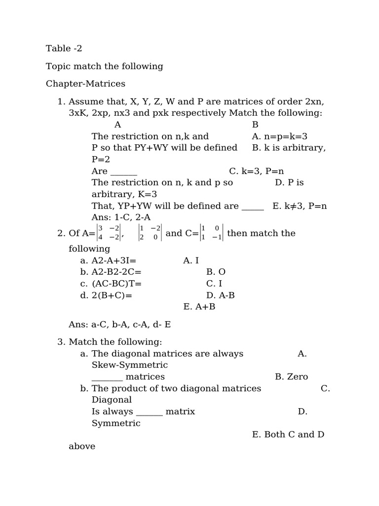 Matrix Matching Exercises and Applications | PDF | Matrix (Mathematics ...