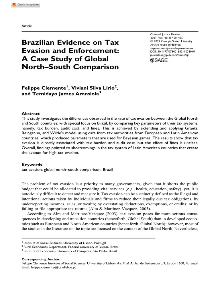 Clemente Et Al 2021 Brazilian Evidence On Tax Evasion and Enforcement A ...