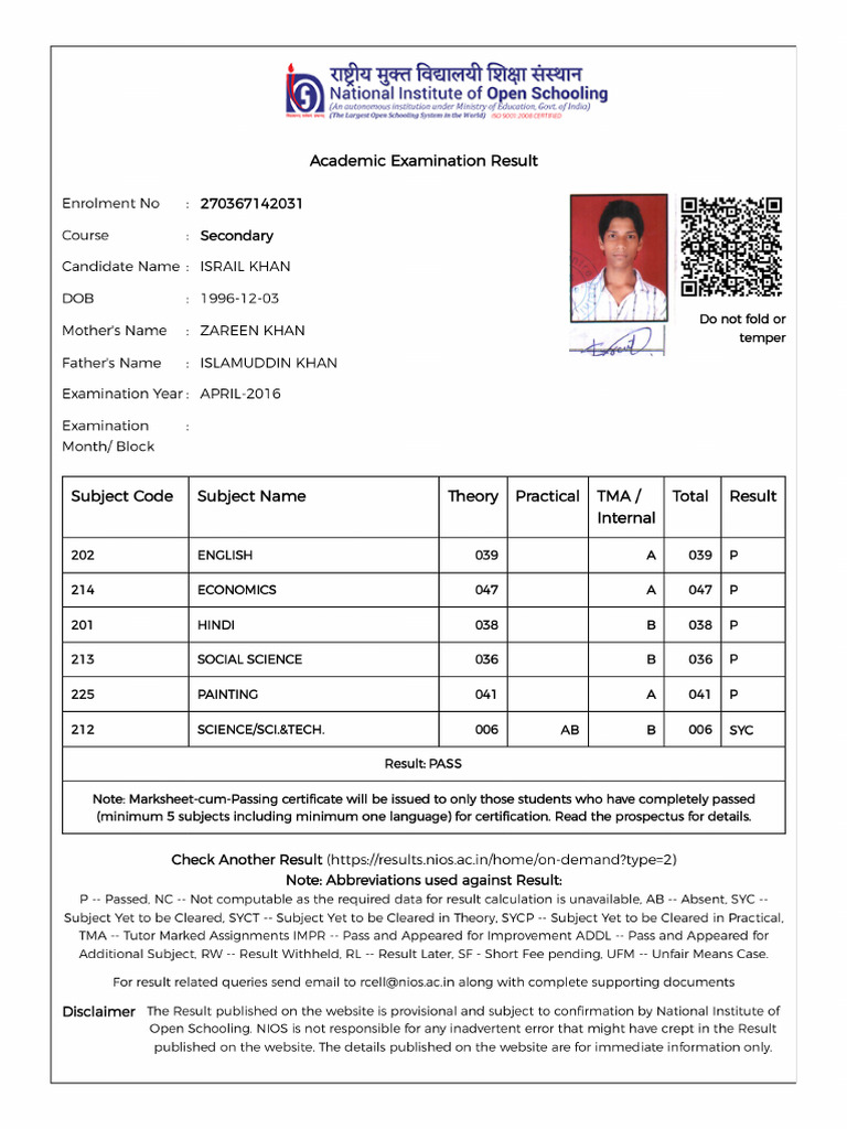 (X) Result - National Institute of Open Schooling - 250325 - 125315 | PDF