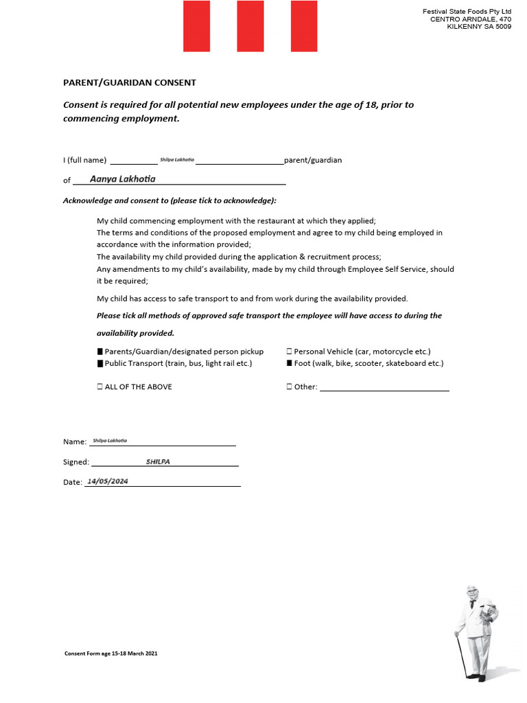 Parental Consent Form - 15 To 18 Yo | PDF