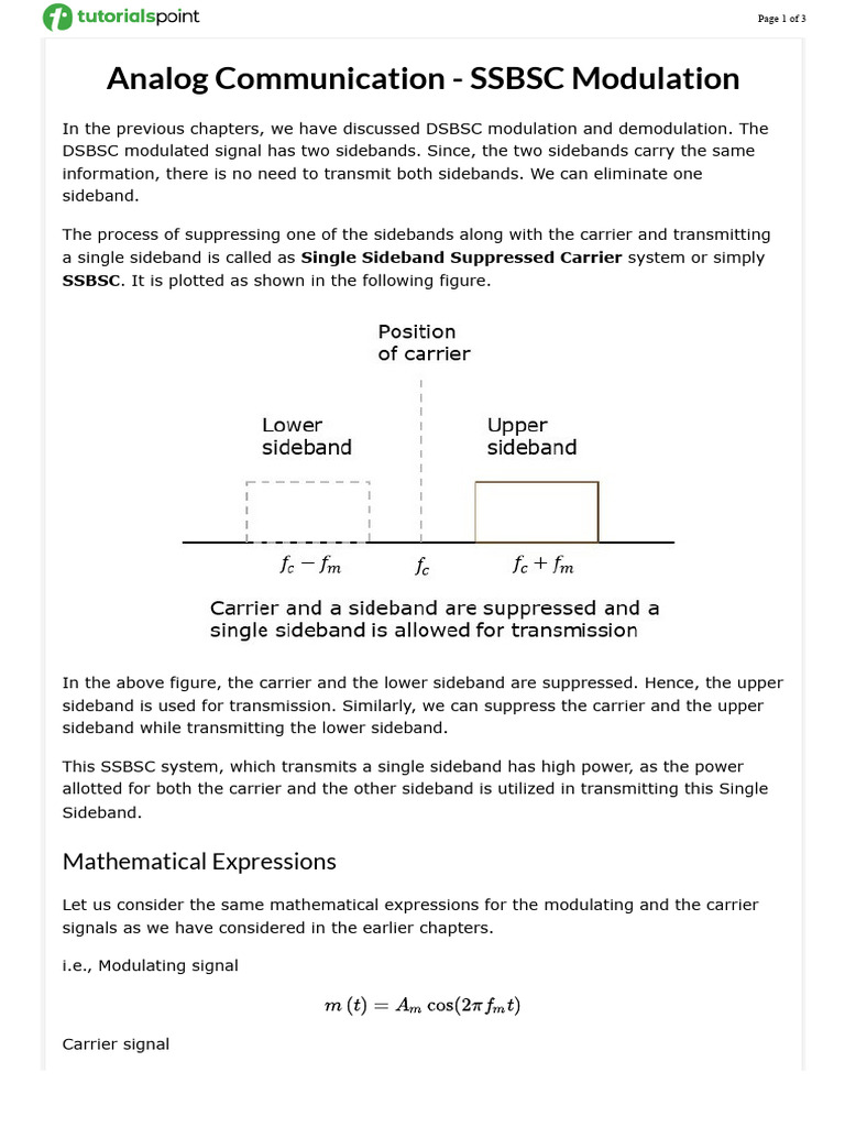 Analog Communication - SSBSC Modulation | PDF | Frequency Modulation | Modulation
