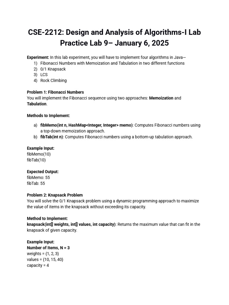 Lab 9 - Fibonacci, Knapsack, LCS, Rock Climbing | PDF