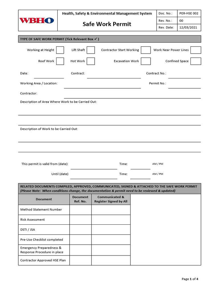 Safe Work Permit (Printable) Rev 00 | PDF | Safety | Working Conditions