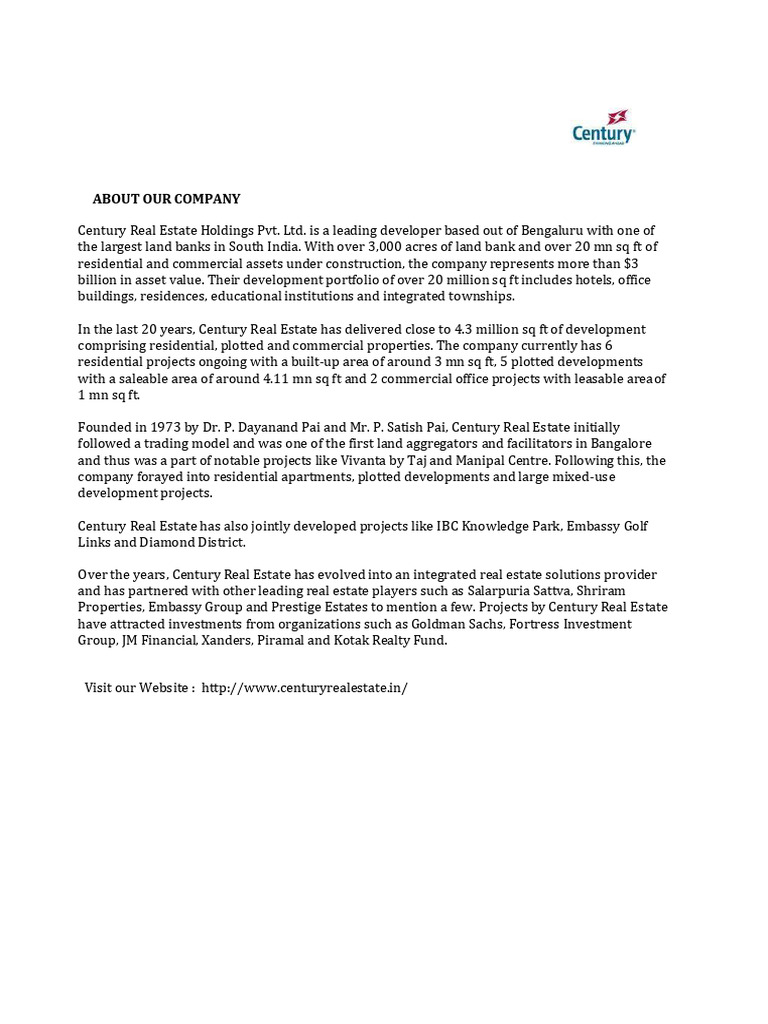 Century Real Estate Holdings Overview | PDF