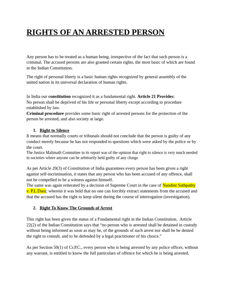 RIGHTS OF AN ARRESTED PERSON | PDF | Arrest | Right To Silence