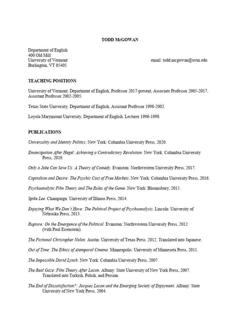 Todd McGowan CV 2 2021 PDF | PDF | Jacques Lacan | Slavoj Žižek