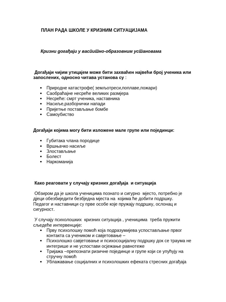 Plan Rada Skole U Kriznim Situacijama | PDF