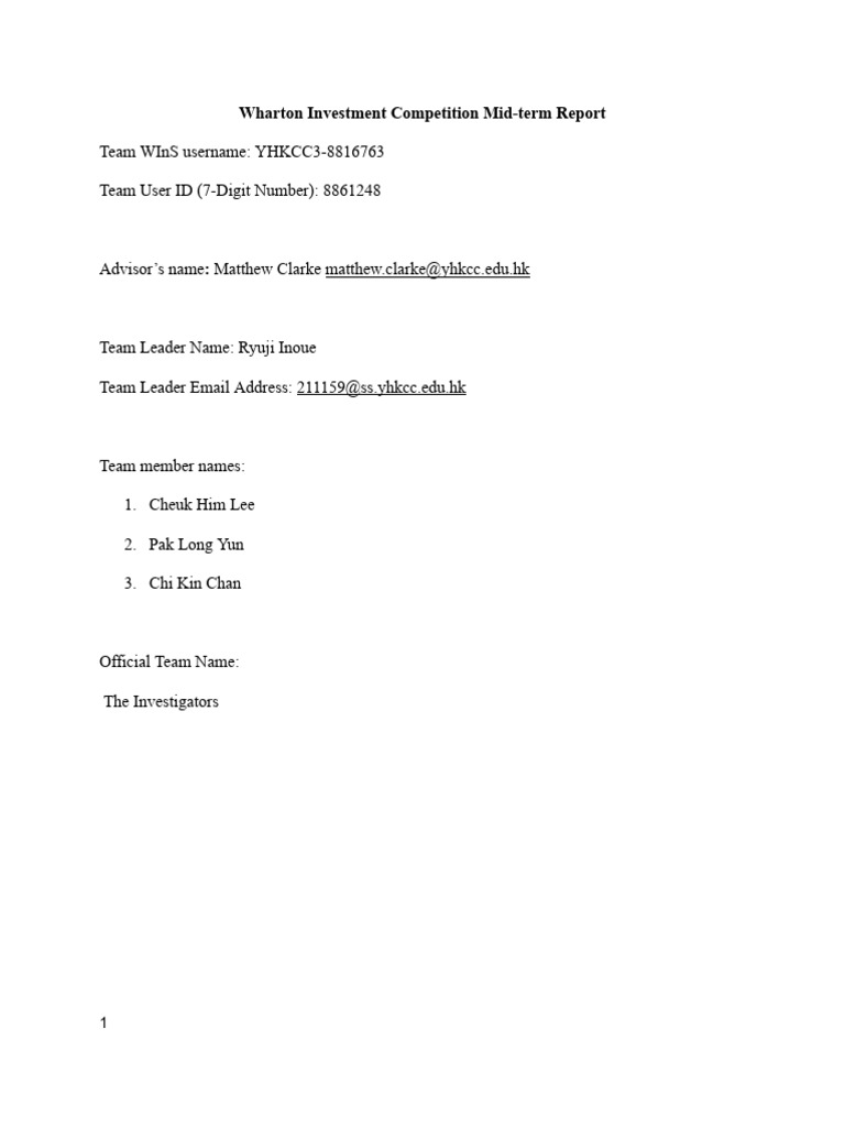 Wharton Investment Competition Mid-term Report | PDF