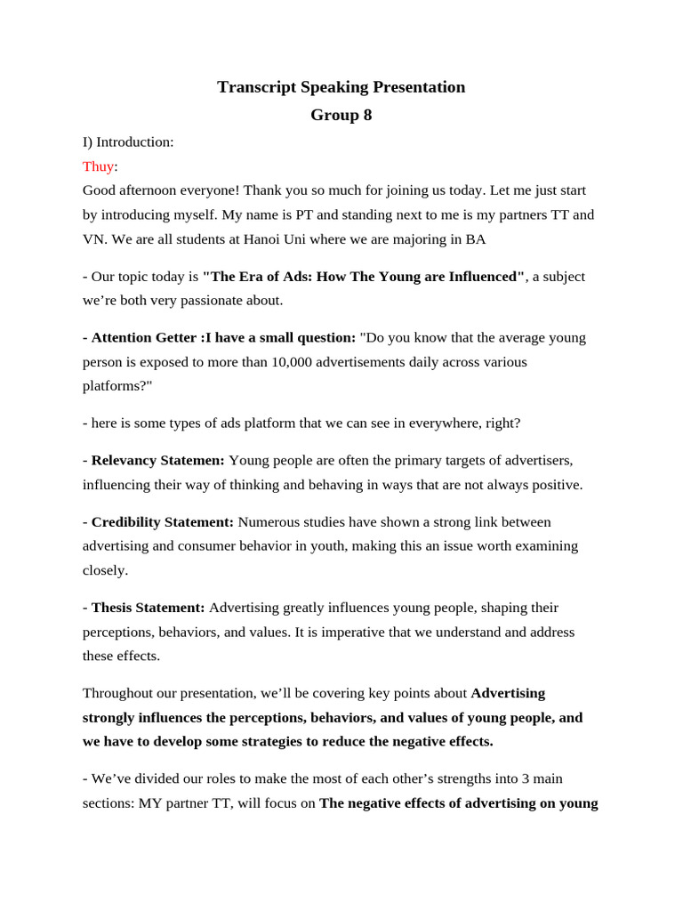 Transcript Speaking Presentation | PDF | Advertising | Psychology