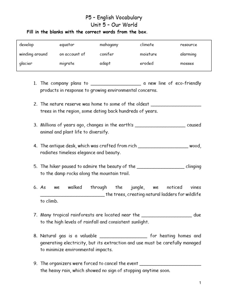 Vocabulary Exercises: Our World Unit 5 | PDF | Rain | Trees