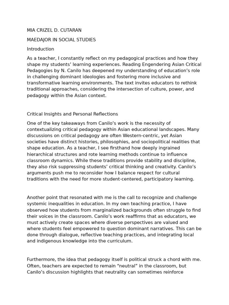 Rethinking Asian Critical Pedagogy | PDF | Pedagogy | Learning