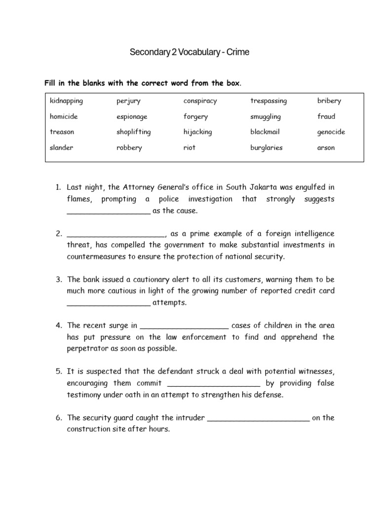 Sec 2 vocabulary - crime | PDF | Crimes | Crime & Violence