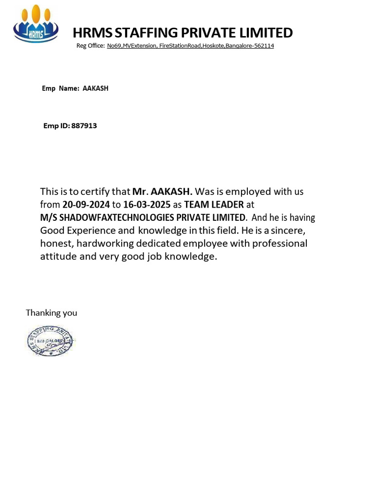 AAKASH Experience Letter-2025 | PDF