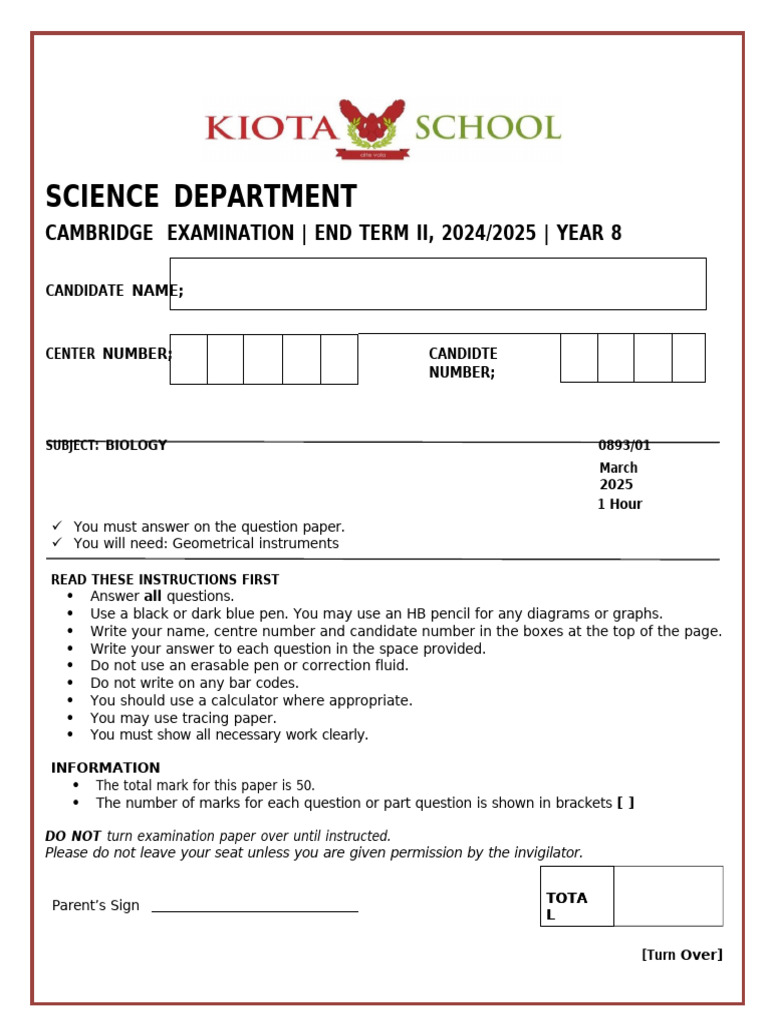 Year 8 Biology End Term II Exam 2025 | PDF | Biology