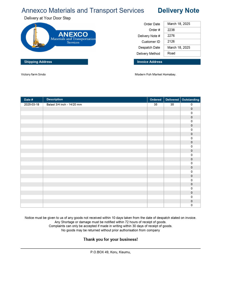 Victory Delivery 18032025 | PDF | Business Documents