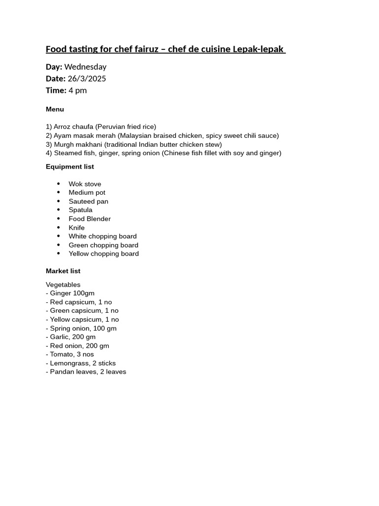 Chef Fairuz Food Tasting Menu Details | PDF