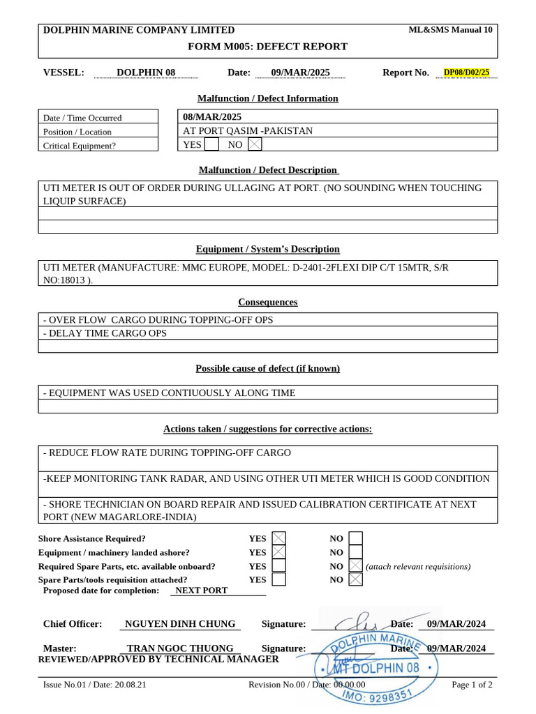 Dolphin 08 UTI Meter Defect Report | PDF | Shipping | Water Transport