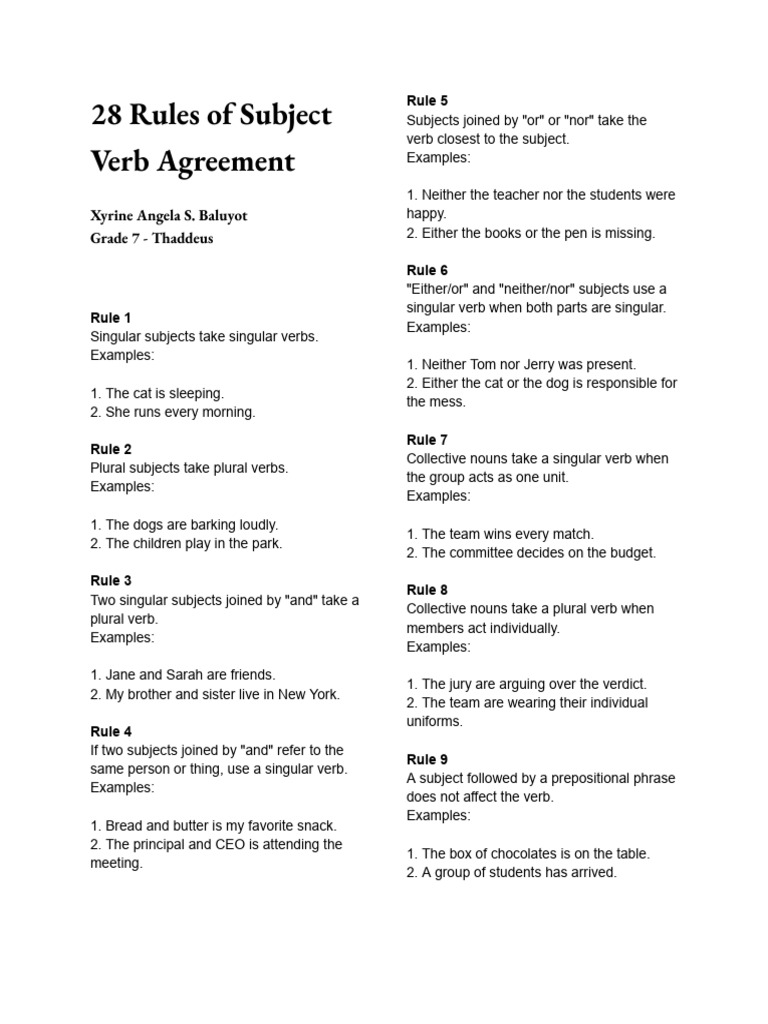 28 Rules of Subject-Verb Agreement | PDF | Grammatical Number | Plural