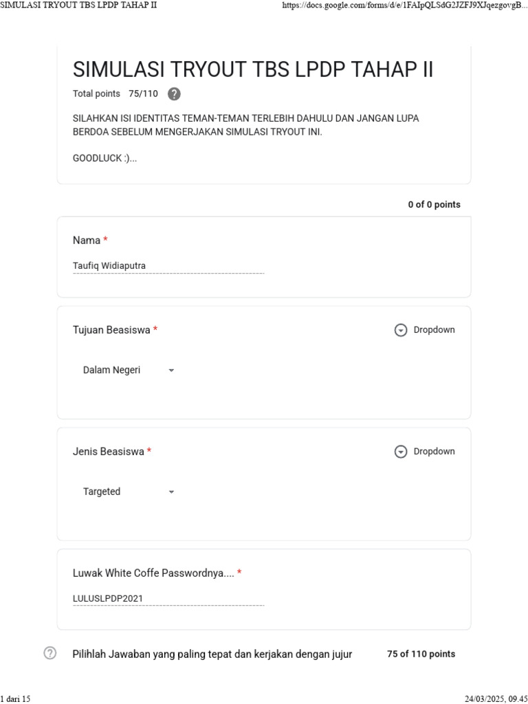 Simulasi Tryout Tbs LPDP Tahap II | PDF
