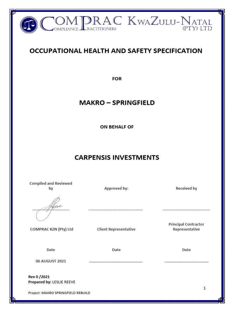 HEALTH AND SAFETY SPECIFICATION - MAKRO SPRINGFIELD - Rev0 - 05.08.2021 ...