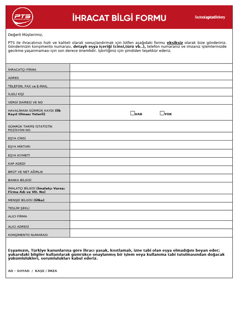 Ihracat Bilgi Formu | PDF