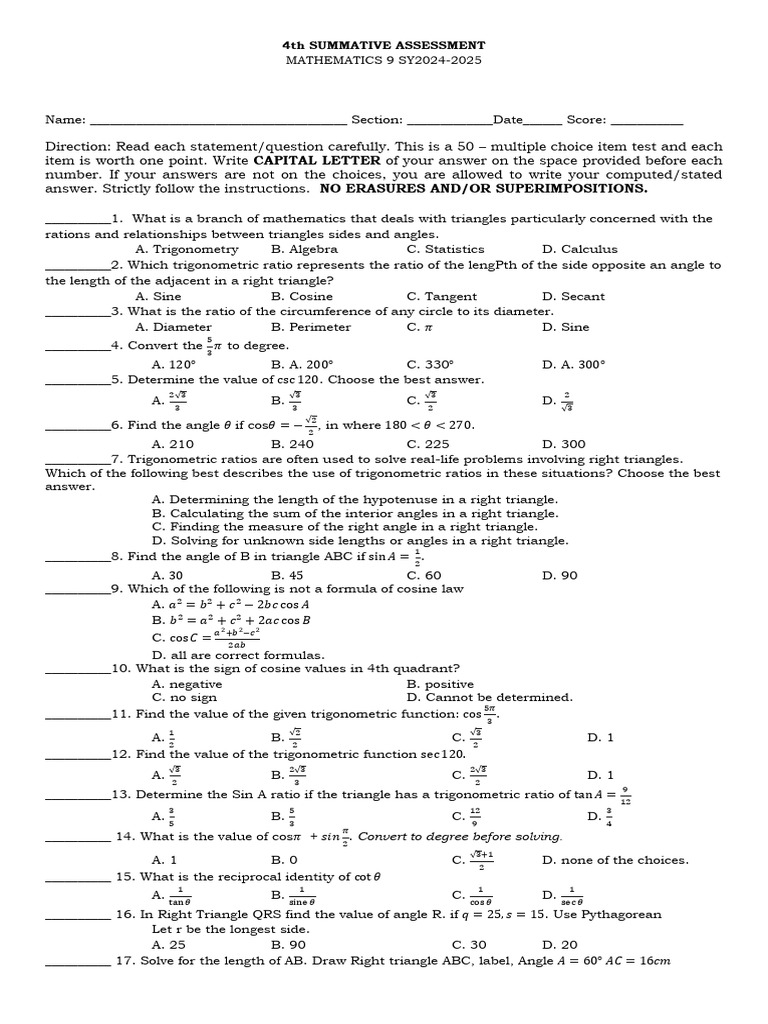 Grade 9 4th Summative Exam Reviewer 2024 2025 | PDF | Trigonometry | Geometry