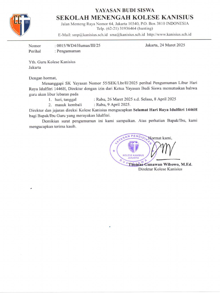 Surat Pemberitahuan Libur | PDF