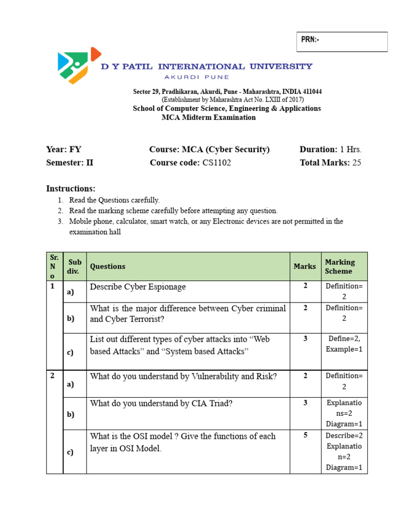 Mca Sem Ii Csa Question Paper | PDF | Security | Computer Security