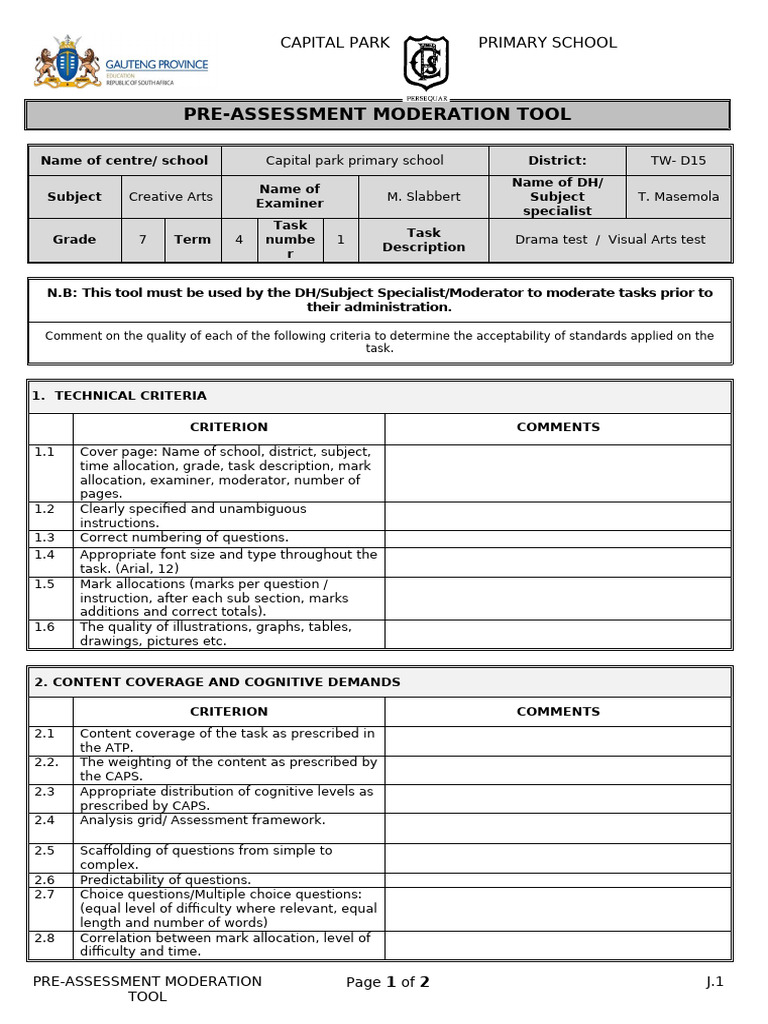 CPPS Annexure J1 PRE-ASSESSMENT MODERATION TOOL | PDF | Cognitive Science | Learning
