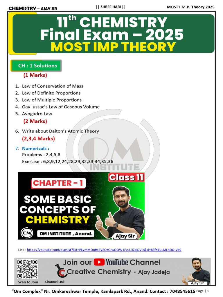 11th CH - 1 To 9 Most IMP Theory Om Institute Ajay Sir | PDF | Chemical Bond | Chemical Equilibrium