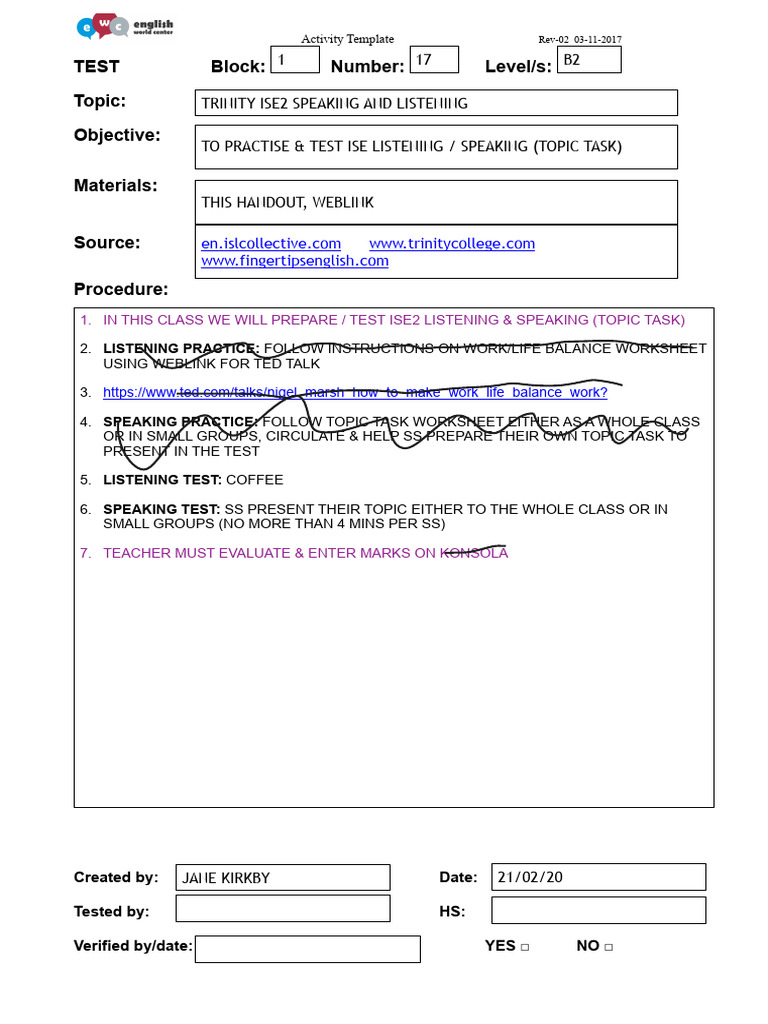 ISE2 Listening & Speaking Activity Template | PDF