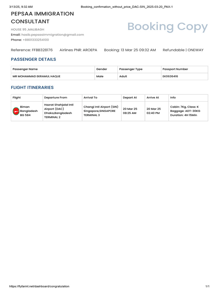 Booking Confirmation Without Price DAC-SIN 2025-03-20 PAX-1 | PDF