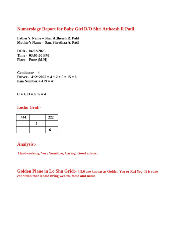Numerology Report for Baby Girl Patil | PDF