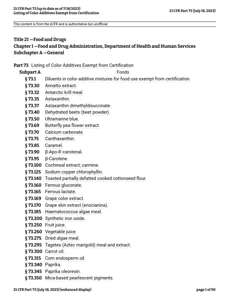 21 CFR Part 73 (Up To Date As of 7-18-2023) | PDF | Chemical Compounds ...