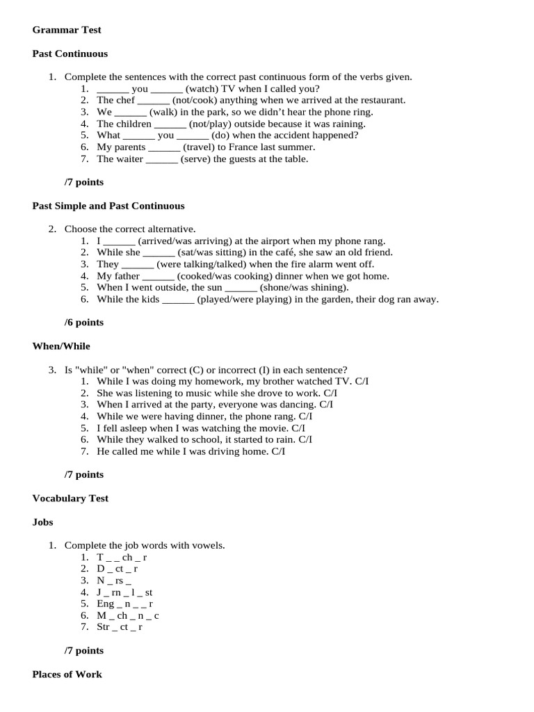 Past Continuous and Job Vocabulary Test | PDF | Linguistics