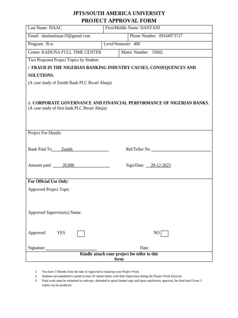 Issaac Dantami Project Approval Form - 055837 | PDF