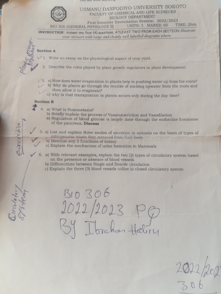 Bio 306 QP, 2022 To 2023 and 2023to2024 | PDF