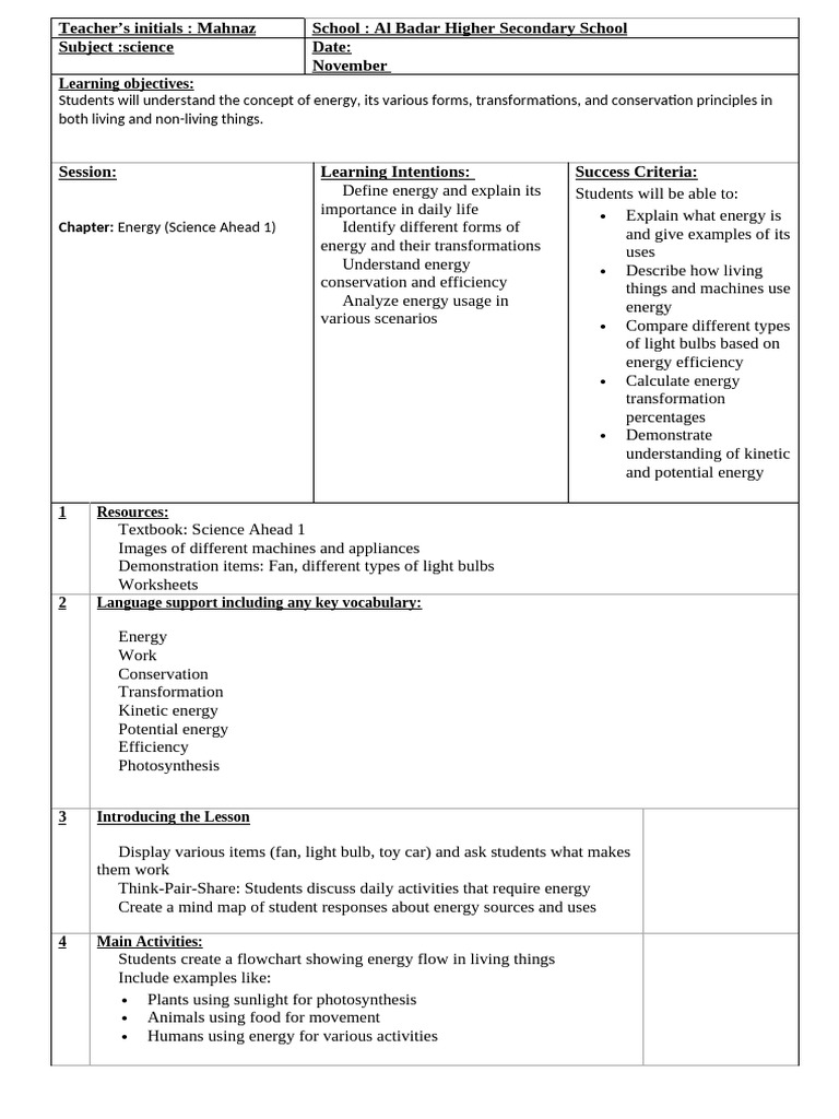 Chapter Energy Lesson Plan | PDF | Learning | Science