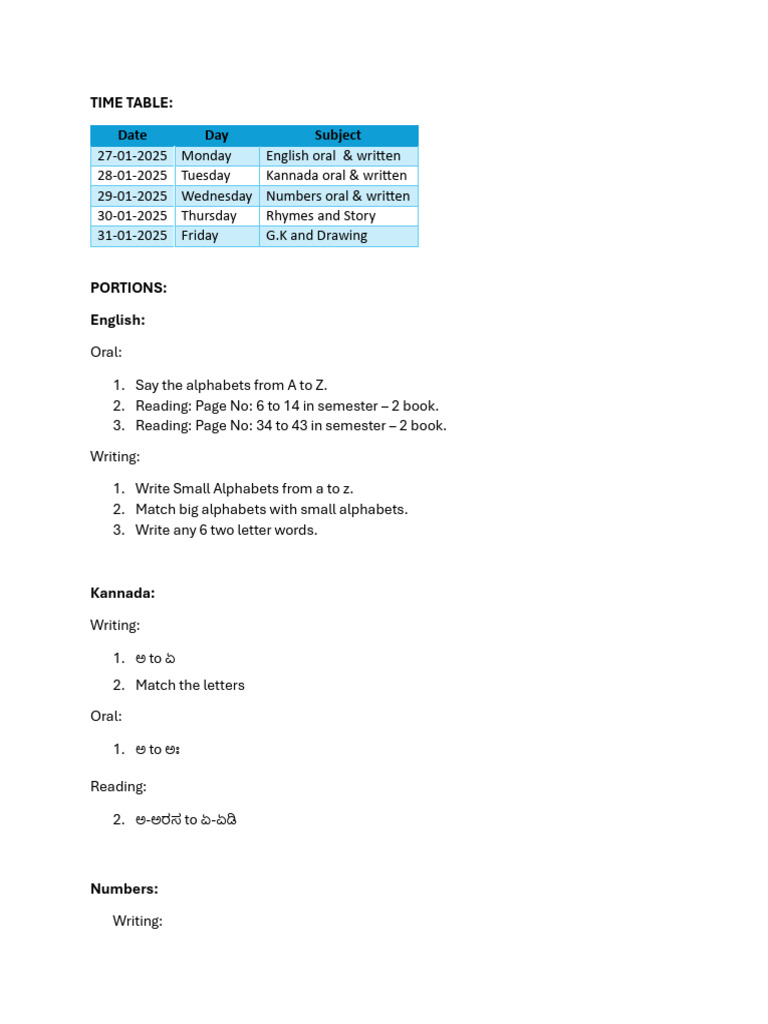 LKG 2nd Test Time Table & Portions - Jan 2025 | PDF