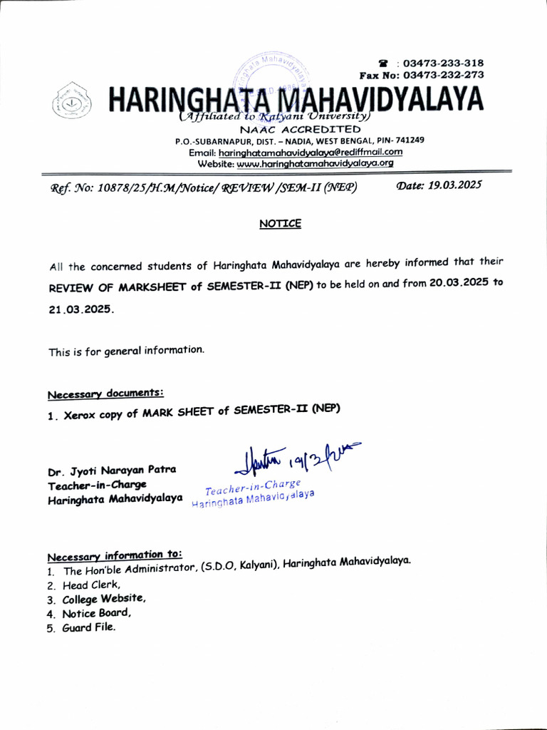 Review of Marksheet SEM II NEP Date Extended | PDF