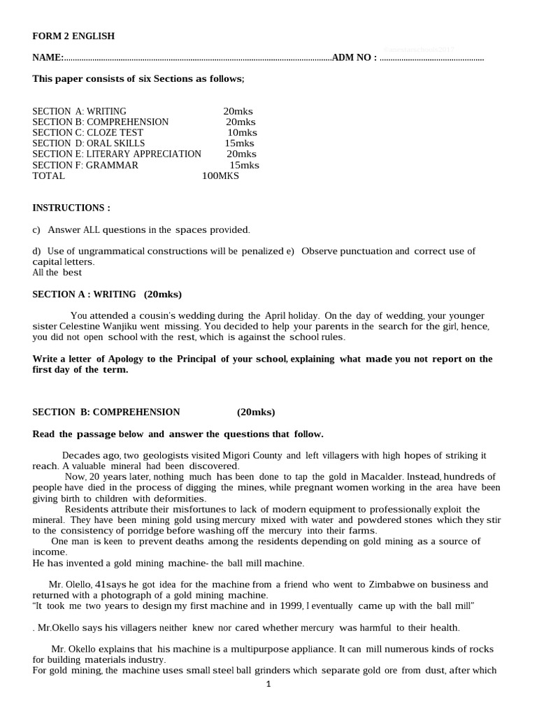 Form 2 English Exam Paper Guide | PDF | Mining