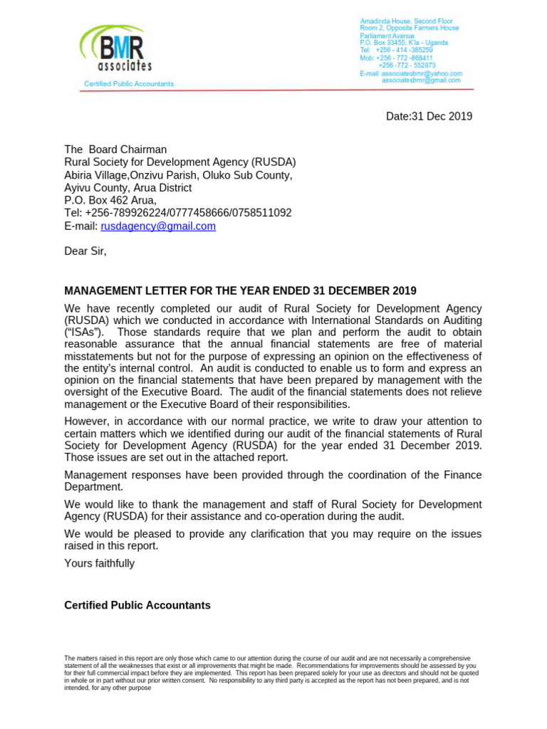 RUSDA 2019 Audit Management Letter | PDF | Audit | Accounting