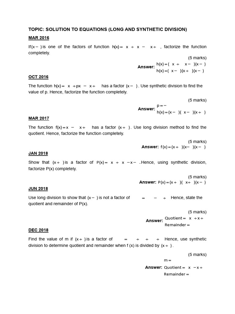 Chapter 2 - Solution To Equations (Synthetic and Long Division) | PDF ...