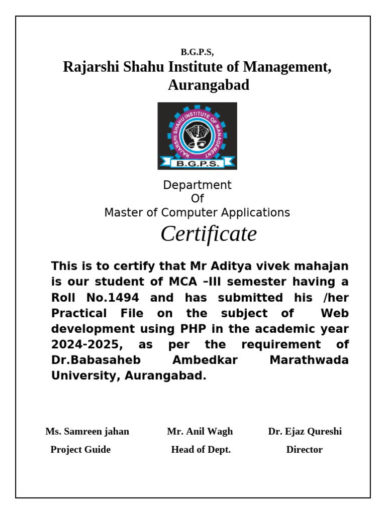 MCA Practical File Certificate Page PHP | PDF